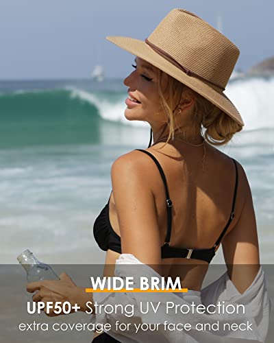 FURTALK Womens Summer Straw Sun Hats Wide Brim Panama Fedora Beach Hat with Wind Lanyard UPF 50+ Khaki