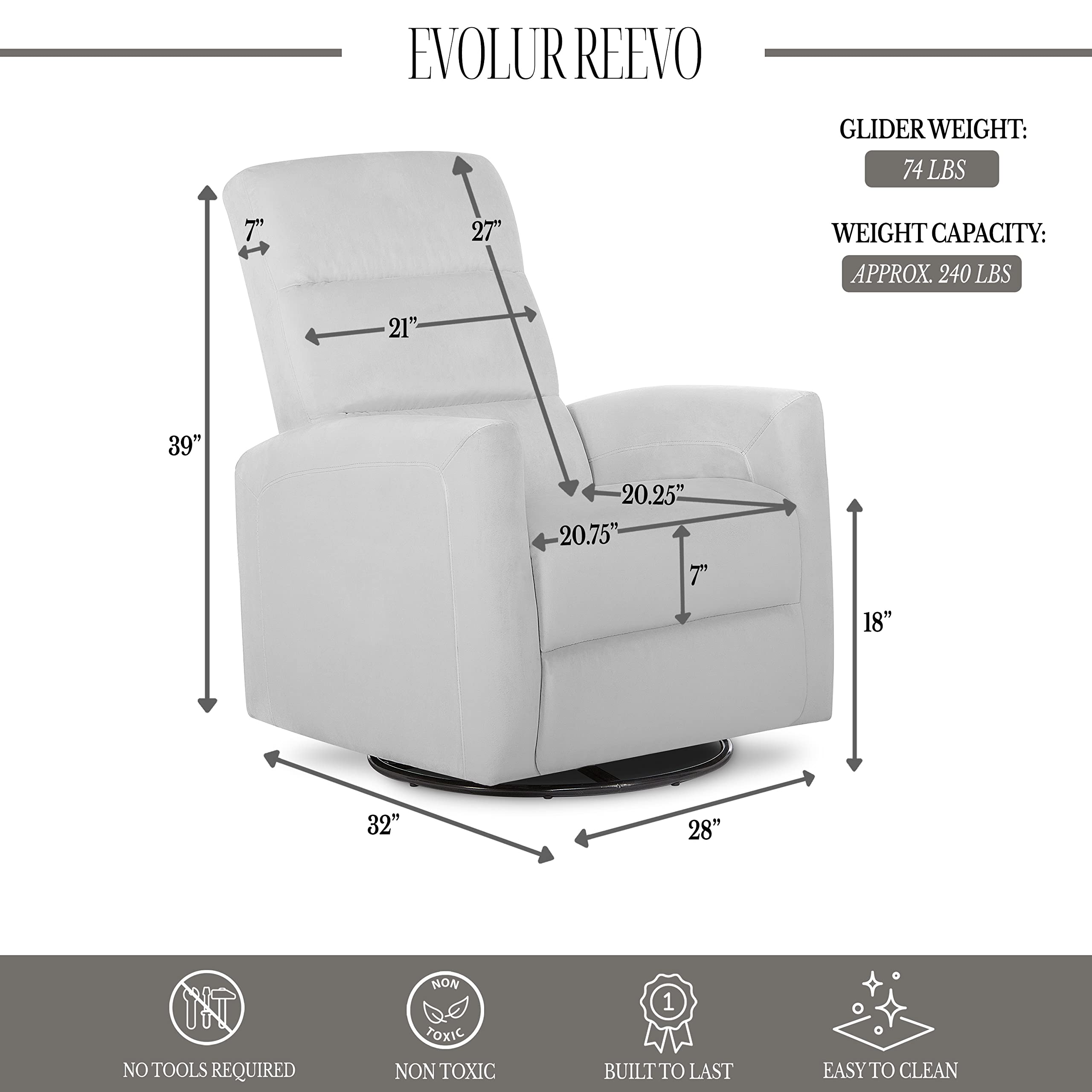 Evolur Reevo Upholstered Faux Leather Seating Glider Swivel in Misty Grey, Glider Chair for Nursery, Greenguard Gold Certified, Tool-Free Assembly, Easy to Clean