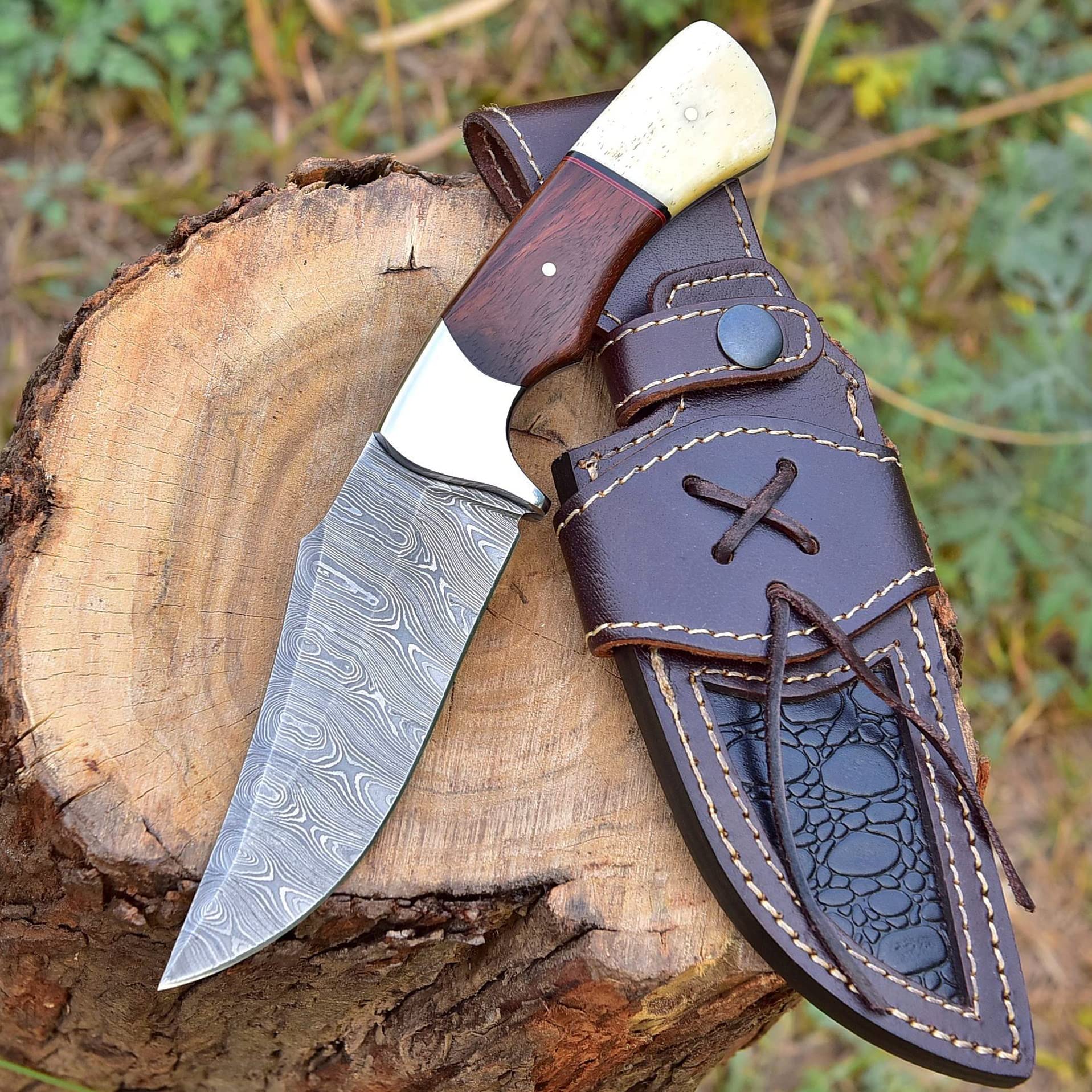 BG Knives Handmade Damascus Knife With Sheath Fixed Blade Hunting Knife 9.25 Inches B-187