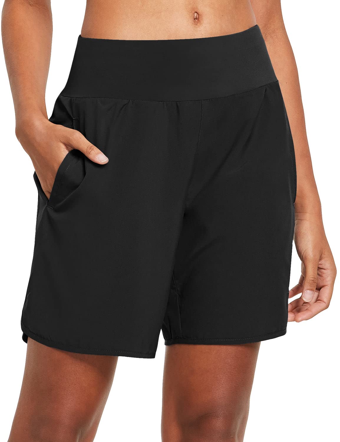 BALEAF Womens' 7" Long Running Athletic Shorts Back Zipper Pocket Workout Gym Shorts Quick Dry High Waist with Liner Black Size M