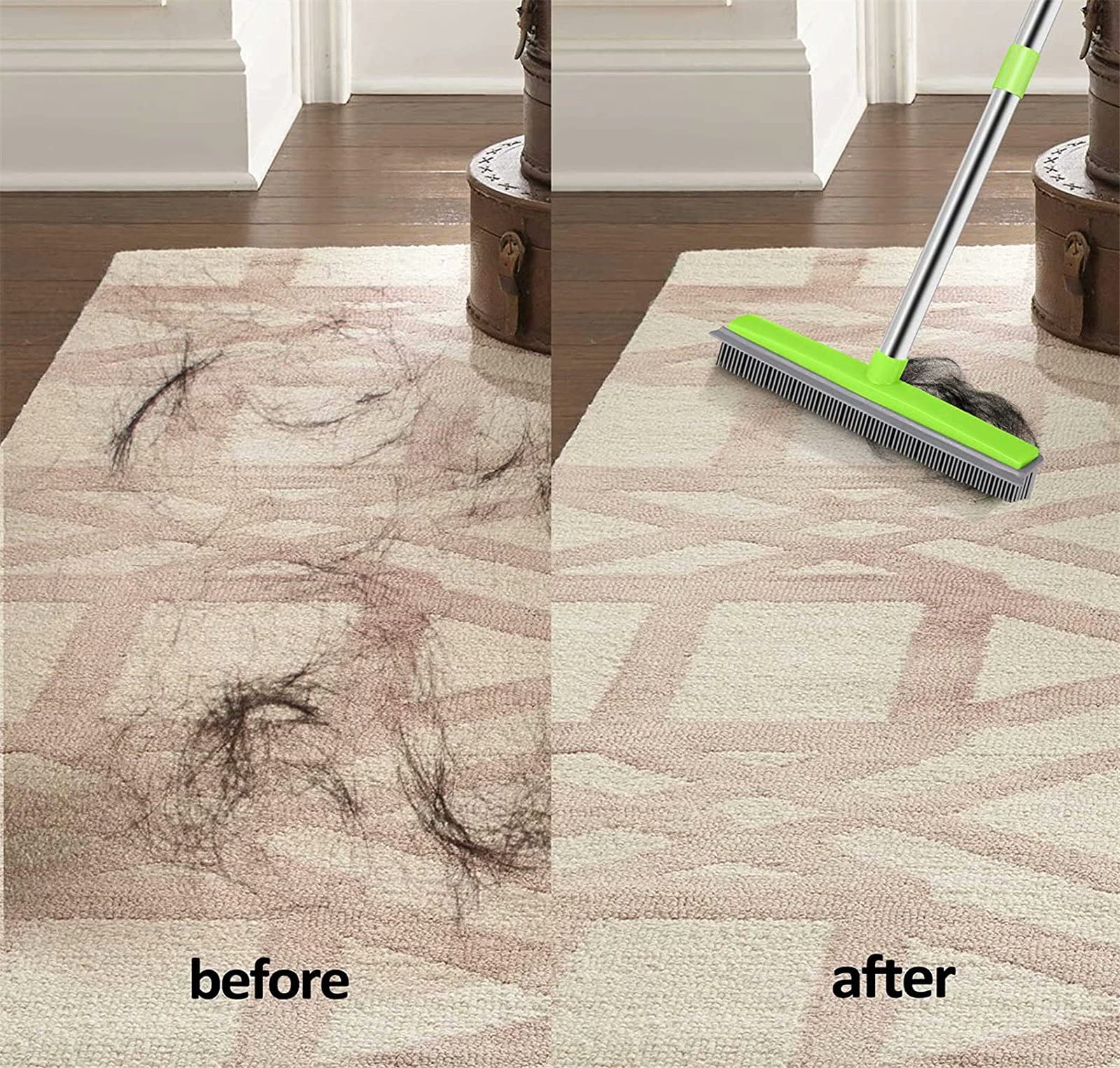 Carpet Hair Removal Broom with Squeegee, Rubber Floor Broom Carpet Rake, Adjustable Long Handle 49" Length for Pet Cat Dog Hair Carpet Hardwood Tile Windows Clean Water Resistant