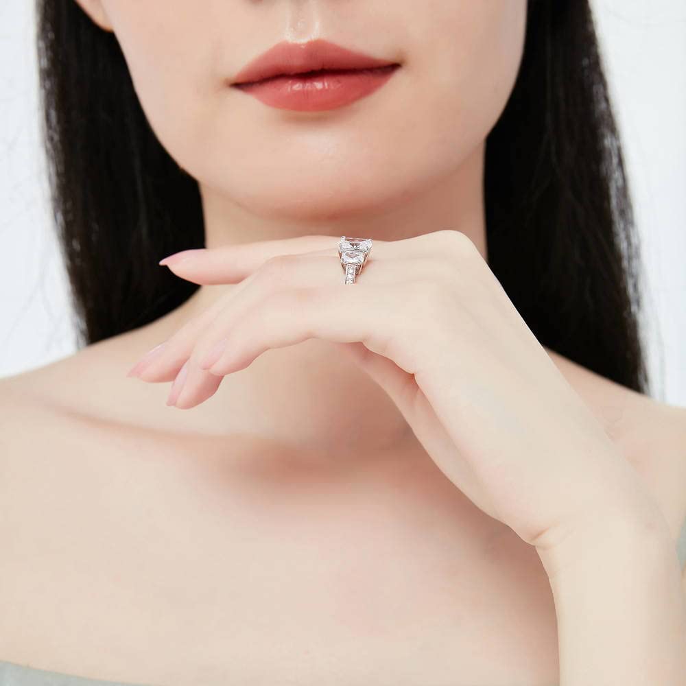 BERRICLE Sterling Silver 3-Stone Wedding Engagement Rings Cushion Cut Cubic Zirconia CZ Ring Set for Women, Rhodium Plated Size 7