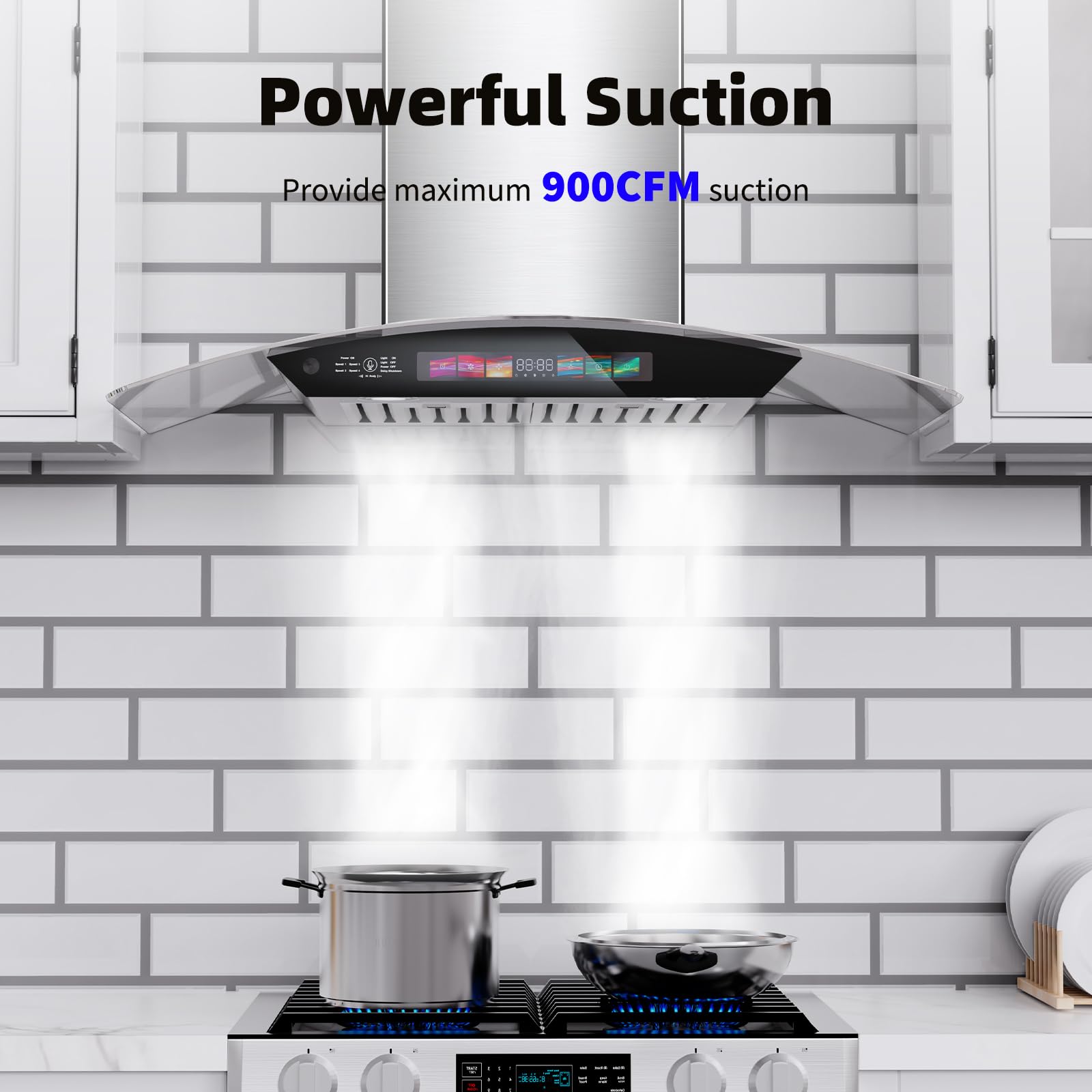 BRANO 36-inch Wall Mount Range Hood Tempered Glass 900 CFM, Voice/Gesture/Touch Control, Stainless Steel Kitchen Hood Vent with 4 Speed Exhaust Fan, Adjustable Lights, Memory Mode