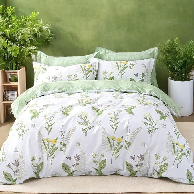 FADFAY Duvet Cover Set Queen 4-Pcs Shabby Daisy and Lavender Flowers 100% Cotton Hidden Zipper Closure with Green Deep Pocket Fitted Sheet 4 Pieces Queen Size