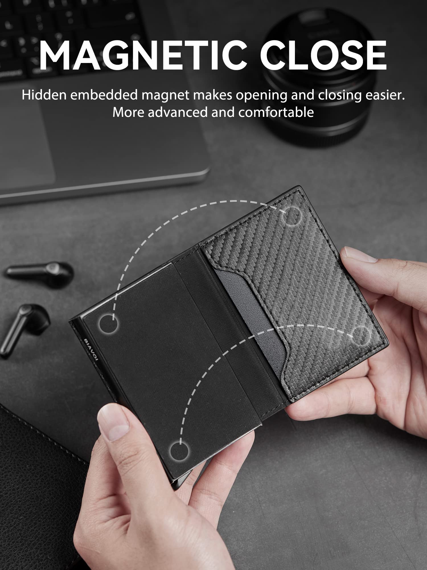 BIAVOI Pop Up Wallet for Men Slim Card Wallet RFID Blocking Card Case Card Holder Up to 10 Cards (Carbon Fiber Leather)
