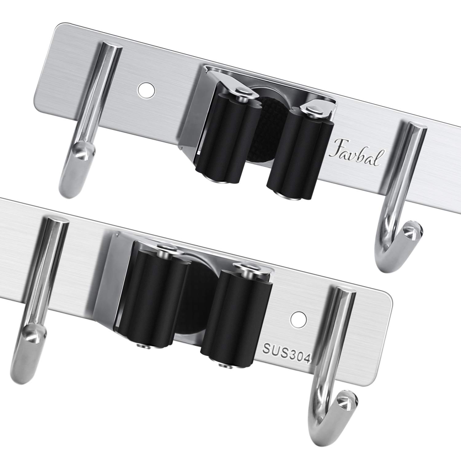 Favbal Broom Hanger Wall Mounted, 2PCS Mop and Broom Holder Wall Mount Garage Organization and Storage Stainless Steel Kitchen Tool Organizer Wall Hanger for Laundry Room Garden Garage Closet Kitchen