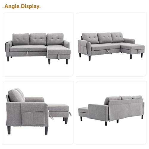 GNIXUU Pull Out Couch, Small Sectional Sleeper Sofa Bed with Storage Chaise, Convertible 3 Seater L Shaped Couch for Living Room, Grey