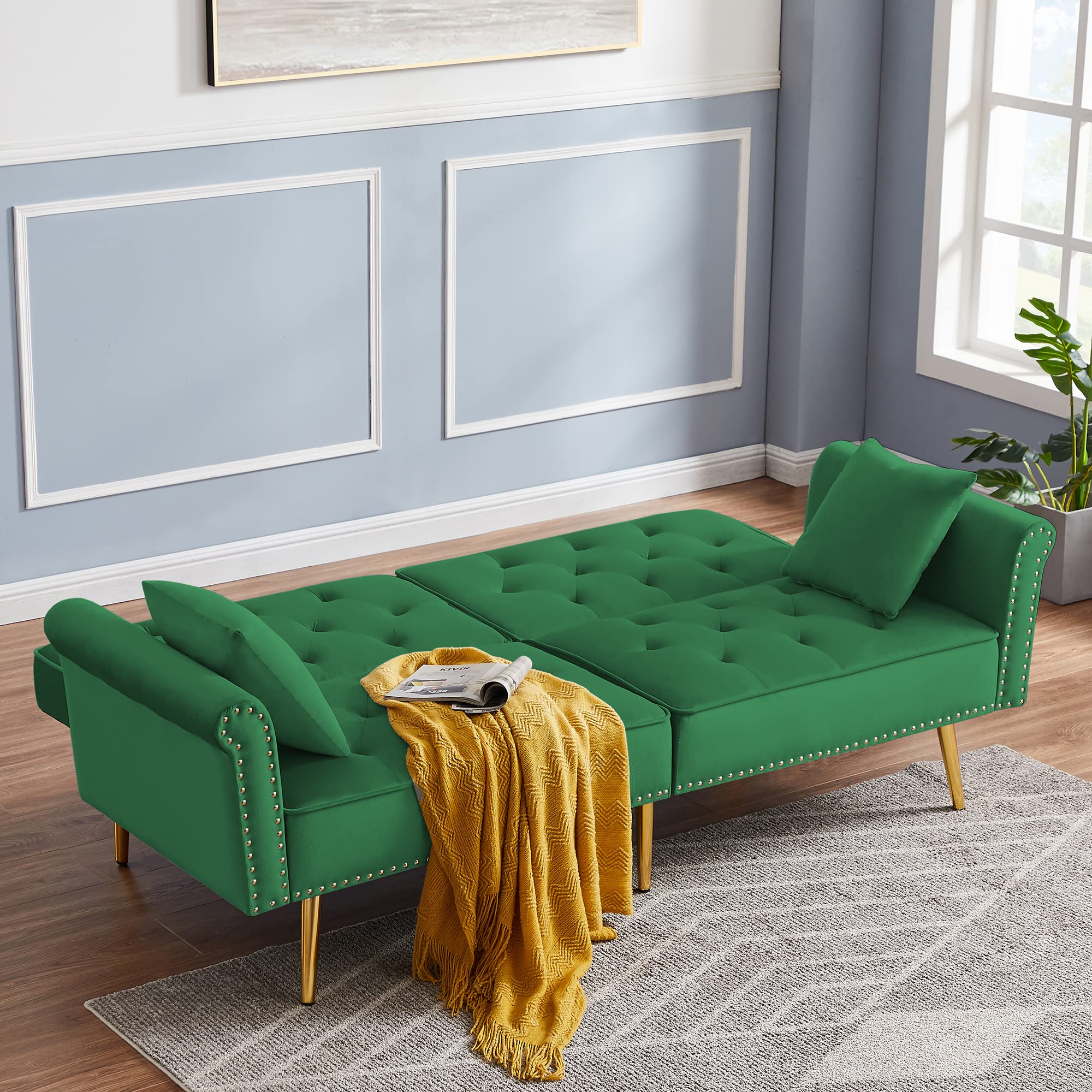 Kakotito Tufted Velvet Sofa Bed Sleeper with 2 Pillows, Luxury Loveseat Couch, Splitback Futon for Living Room & Office, Convertible Futon with Vintage Nailhead Trim and Metal Legs (Green)