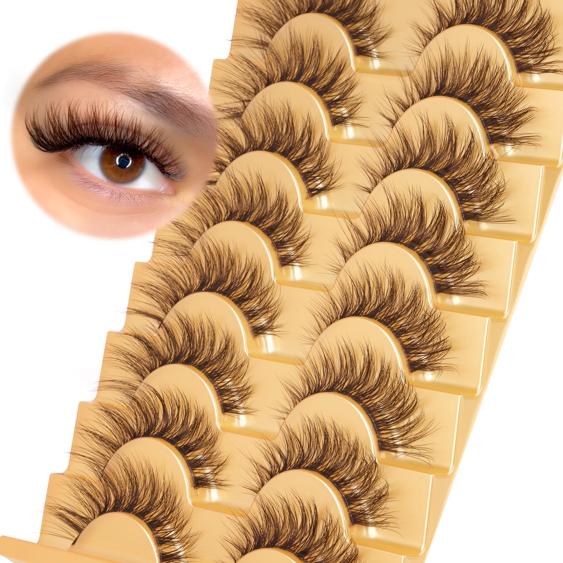 Brown Lashes Strip Natural Looking Cat Eye Lashes Brown Eyelashes Wispy Fluffy Clear Band Brown Eye Lash Pack 8 Pairs
