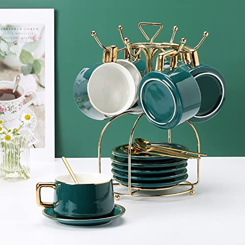 oAutoSjy Iron Coffee Cup Holder Gold Mug Holder with Hook & Handle Coffee Mug Rack Dishes Organizer Mug and Saucer Display Rack Wrought Iron Mug Drainer Storage Drying Rack for Counter Kitchen Office
