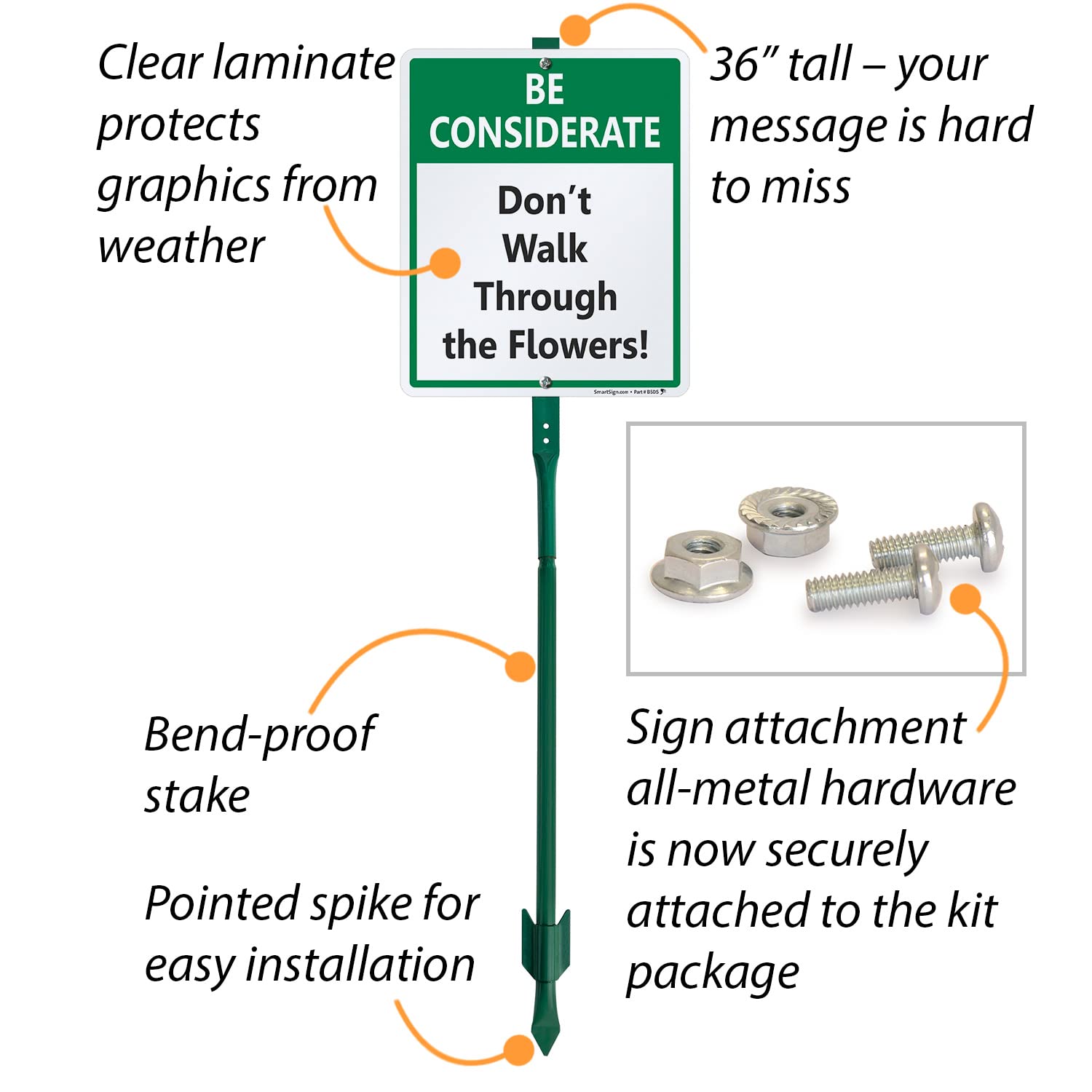 SmartSign 12 x 10 inch “Be Considerate - Don’t Walk Through The Flowers” LawnBoss Yard Sign with 3 foot Stake, 40 mil Laminated Rustproof Aluminum, Green, Black and White, Set of 1, Made in USA
