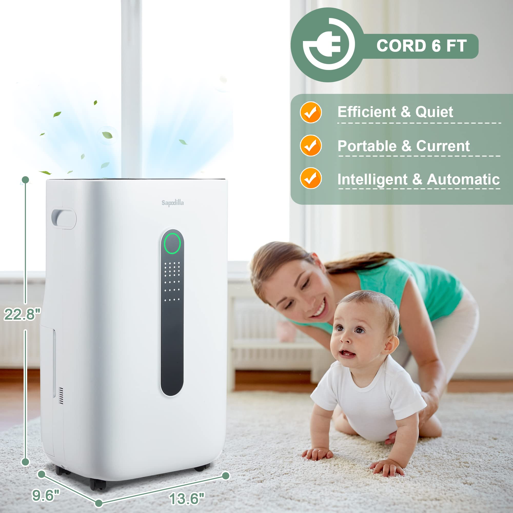 Sapodilla Dehumidifier for Basement, 50 Pints Dehumidifier for 3000 Sq.Ft, 1.72 Gallon Water Tank with Drain Hose, Auto or Manual, Portable Home Dehumidifier for Large Room Bedroom Bathroom Laundry