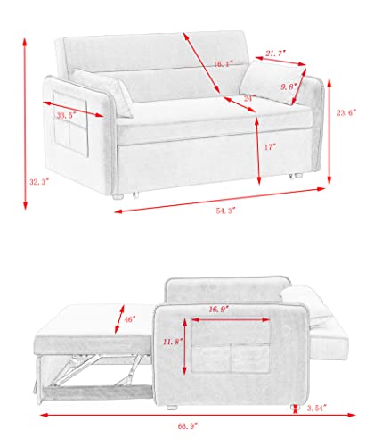 DHPM Pull Out Couch w/Headboard, 54" Modern Velvet Convertible Sleeper Love seat Sofa Bed with 2 Pillows & Detachable Side Pockets for Small Space, Living Room, Apartment, Green