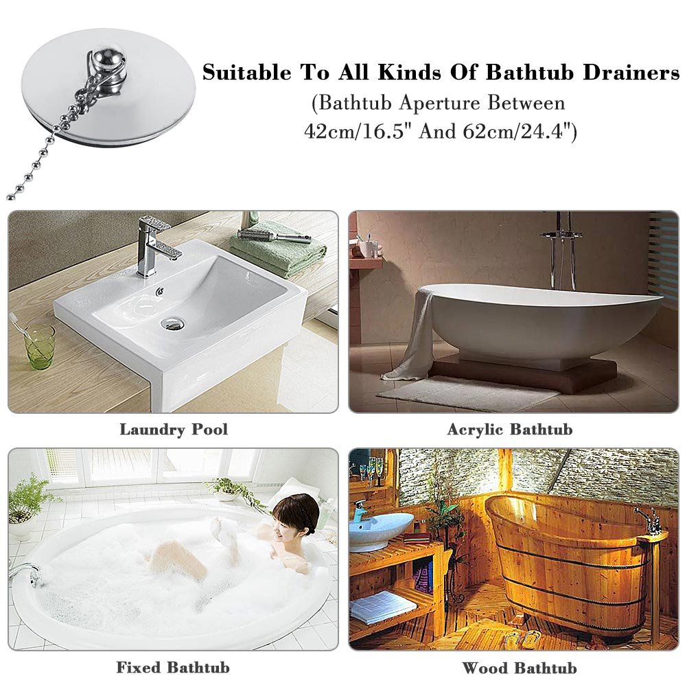 Fdit Tub Stopper, Drain Stopper Bathroom Sink Bathtub Accessories Hair Catcher Trap Strainer, Drain Cover Stopper for Kitchen Sink Bathroom Bathtub, Solid Metal Waste Plug with Chain