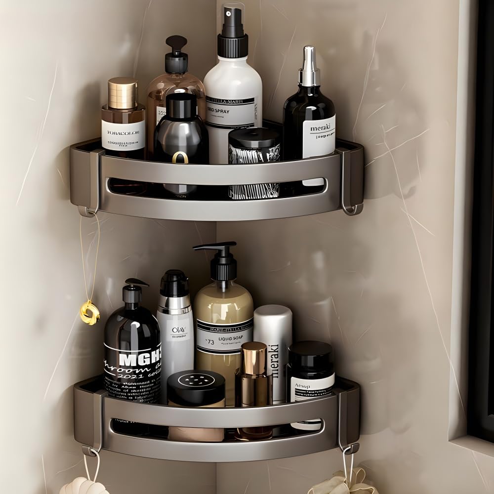 DOIAESKV 2 Pack Corner Shower Caddy with Hooks,No Drilling Aluminium Shower Organizer for Bathroom&Kitchen,Secure with Nail-free Glue,Rustproof Shower Rack Basket,Storage Accessories (Gunmetal)
