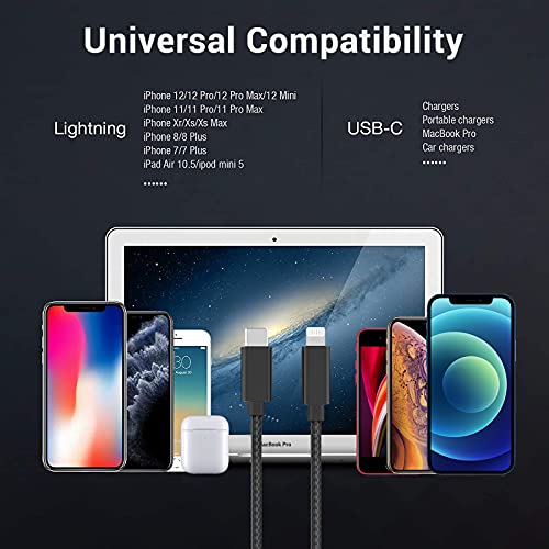 Elktry USB C to Lightning Cable MFi Certified, 3Pack 6FT Long iPhone 14 Charger Cord, Nylon Braided Fast Charging Cable, Compatible with iPhone 13/12 Pro Max/12/11 Pro/11/X/XS/XR/8 Plus/iPad - Black