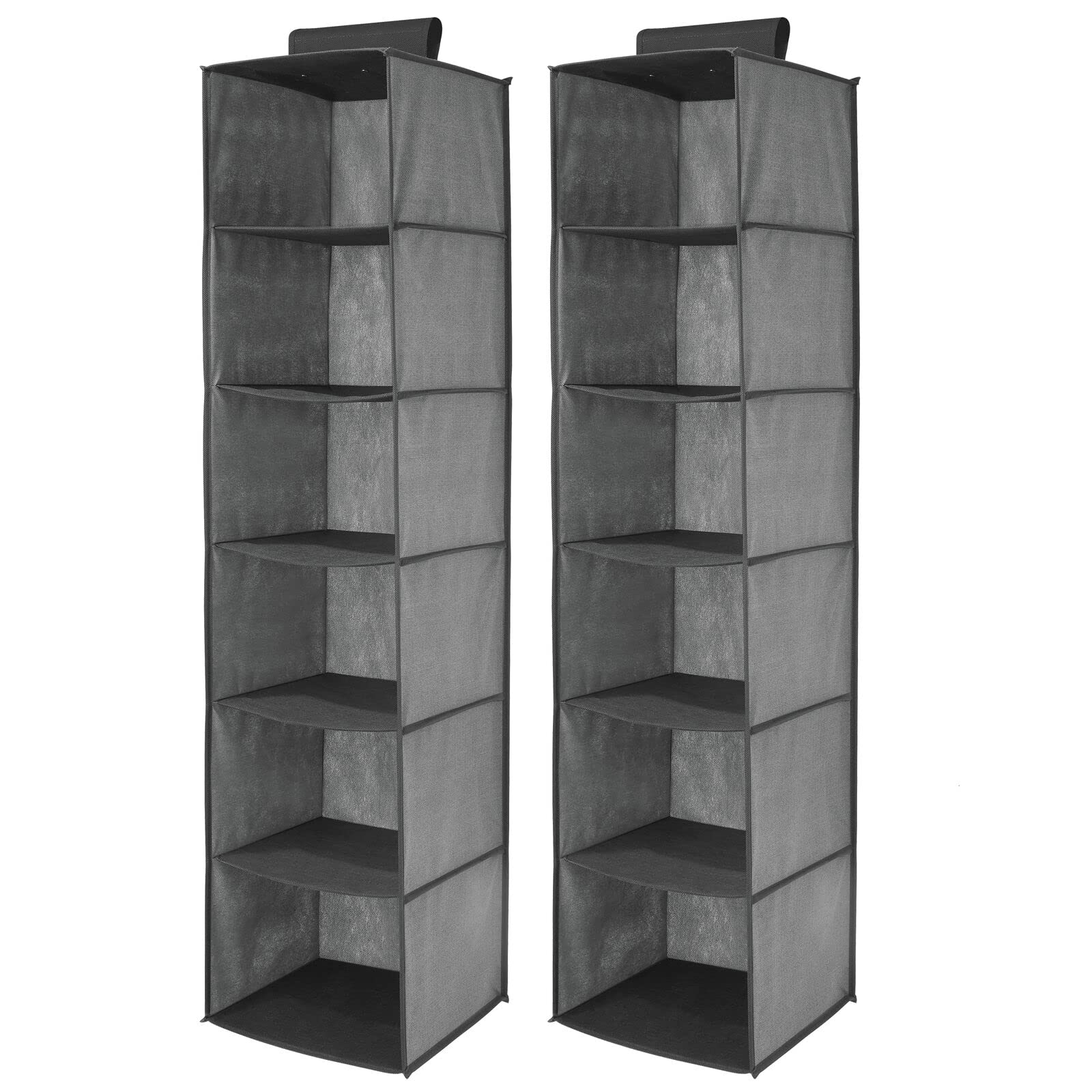 mDesign Long Soft Fabric Over Closet Rod Hanging Storage Organizer with 6 Shelves for Clothes, Leggings, Lingerie, T Shirts - Textured Print with Solid Trim - 2 Pack - Charcoal Gray/Black