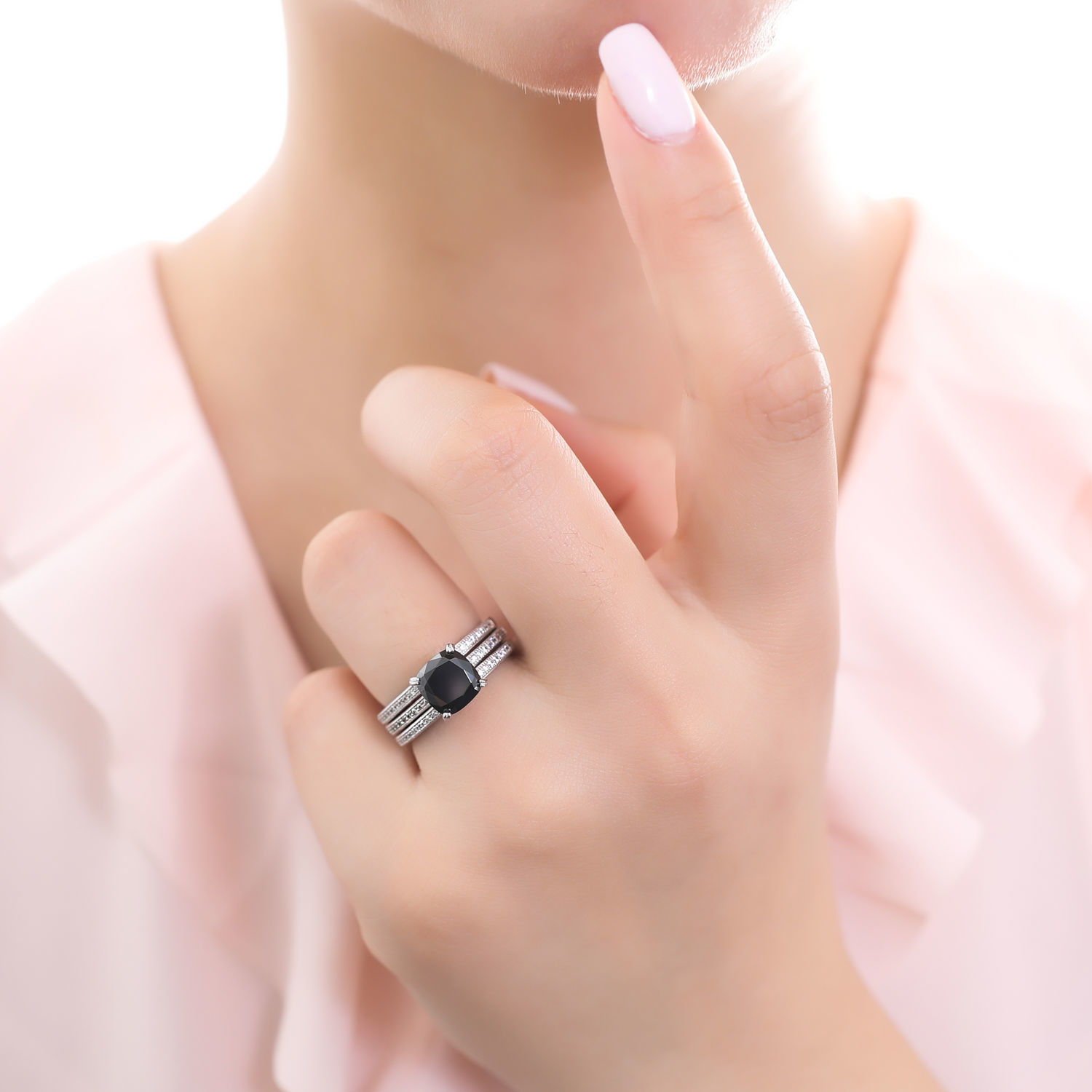 BERRICLE Sterling Silver Solitaire 3 Carat Black Cushion Cut Cubic Zirconia CZ Stackable Fashion Ring Set for Women, Rhodium Plated Size 7