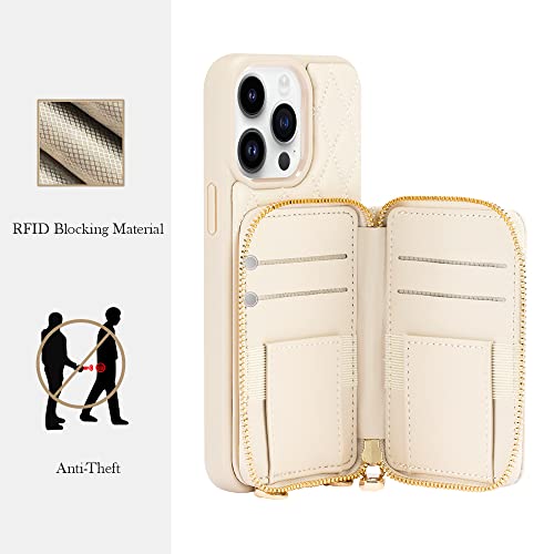 LAMEEKU iPhone 13 Pro Max Wallet Case, Quilted Leather Crossbody Card Holder with Chain Strap - Beige