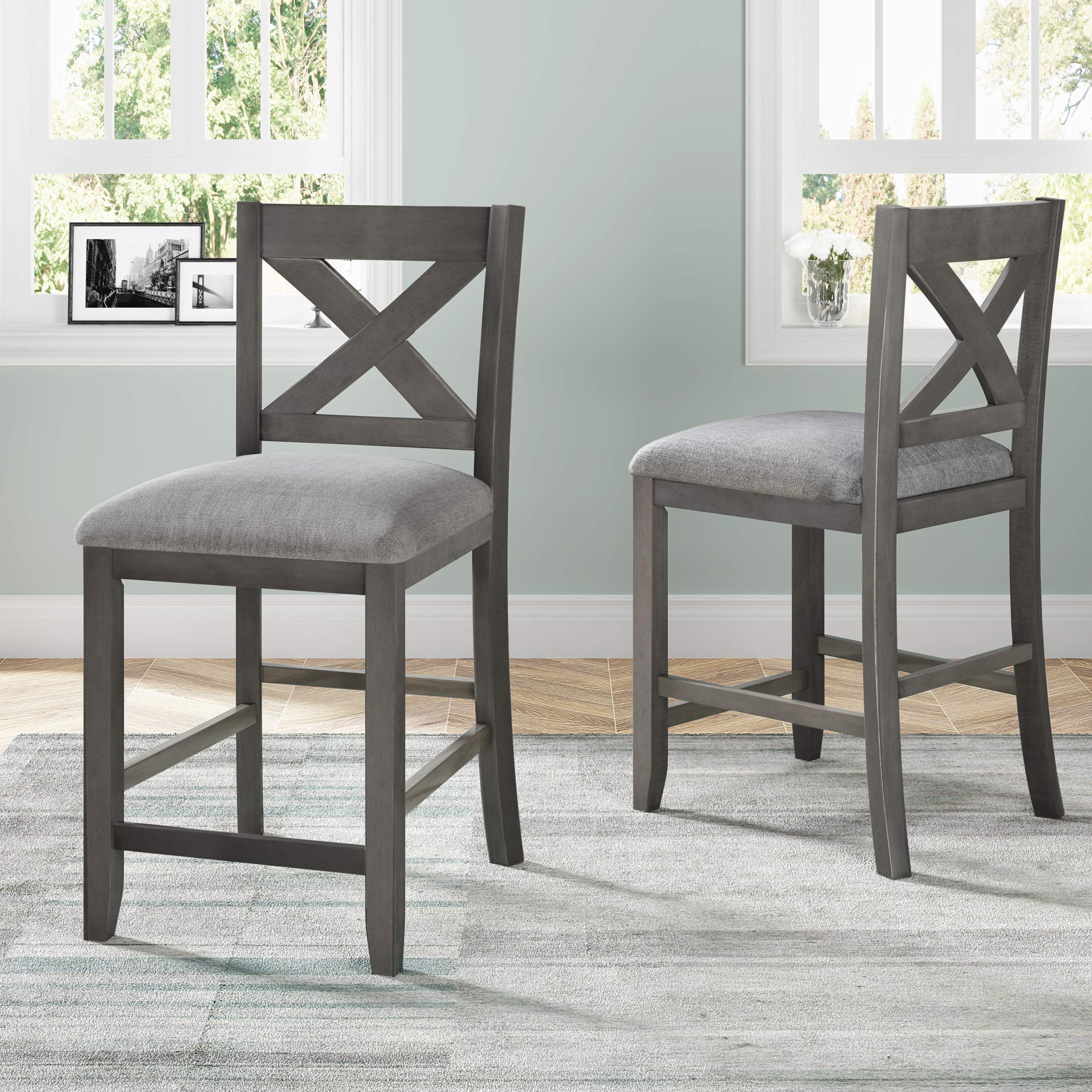 Bellemave 5 Pieces Counter Height Dining Table Set for 4,Rustic Farmhouse Wooden Bar Table Set with 3-Tier Shelf, 2 Stools and 2 Chairs for Kitchen Dining Room(Grey)