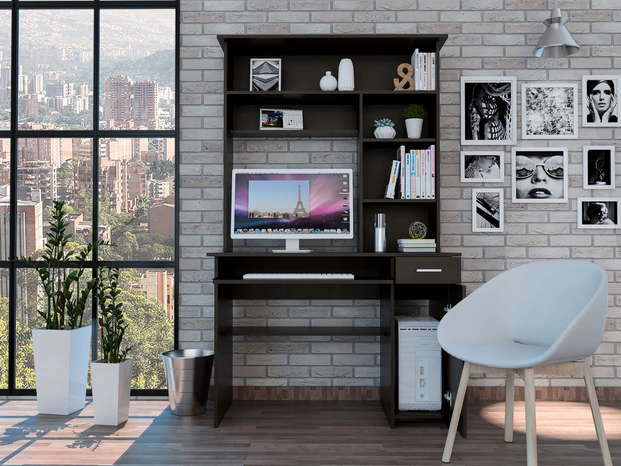Bellemave Computer Desk with Hutch and Keyboard Tray, Home Office Desks with Drawers and Storage Shelves, Writing Study Desk Table, Modern Compact Workstation, Black