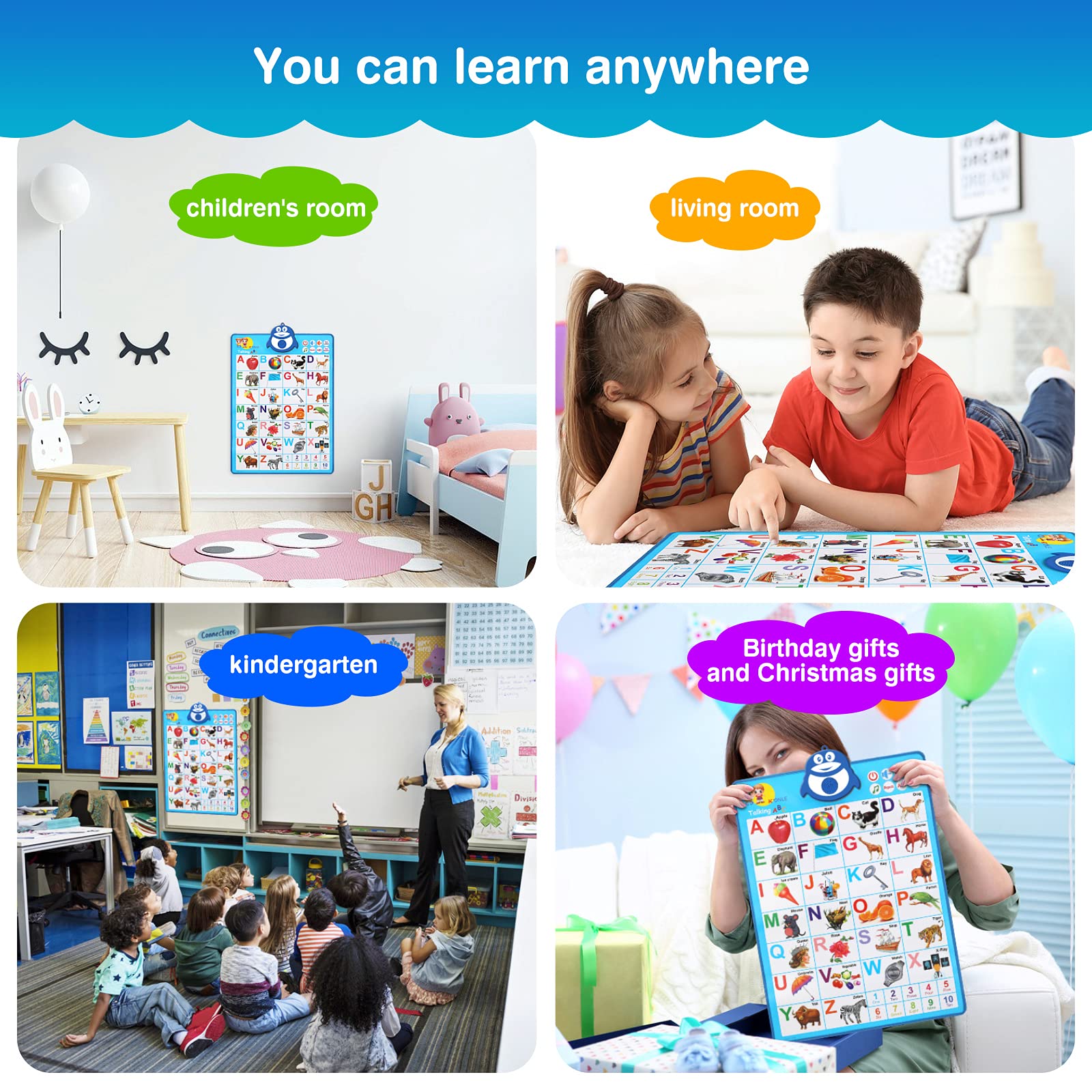 Paloura Alphabet Poster for Preschool Toddler and Kindergarten Kid Talking ABC & 123s & Music Electronic Interactive Wall Poster Learning Game & Educational Toy & Gift for 3 4 5 Year Old Girl & Boys