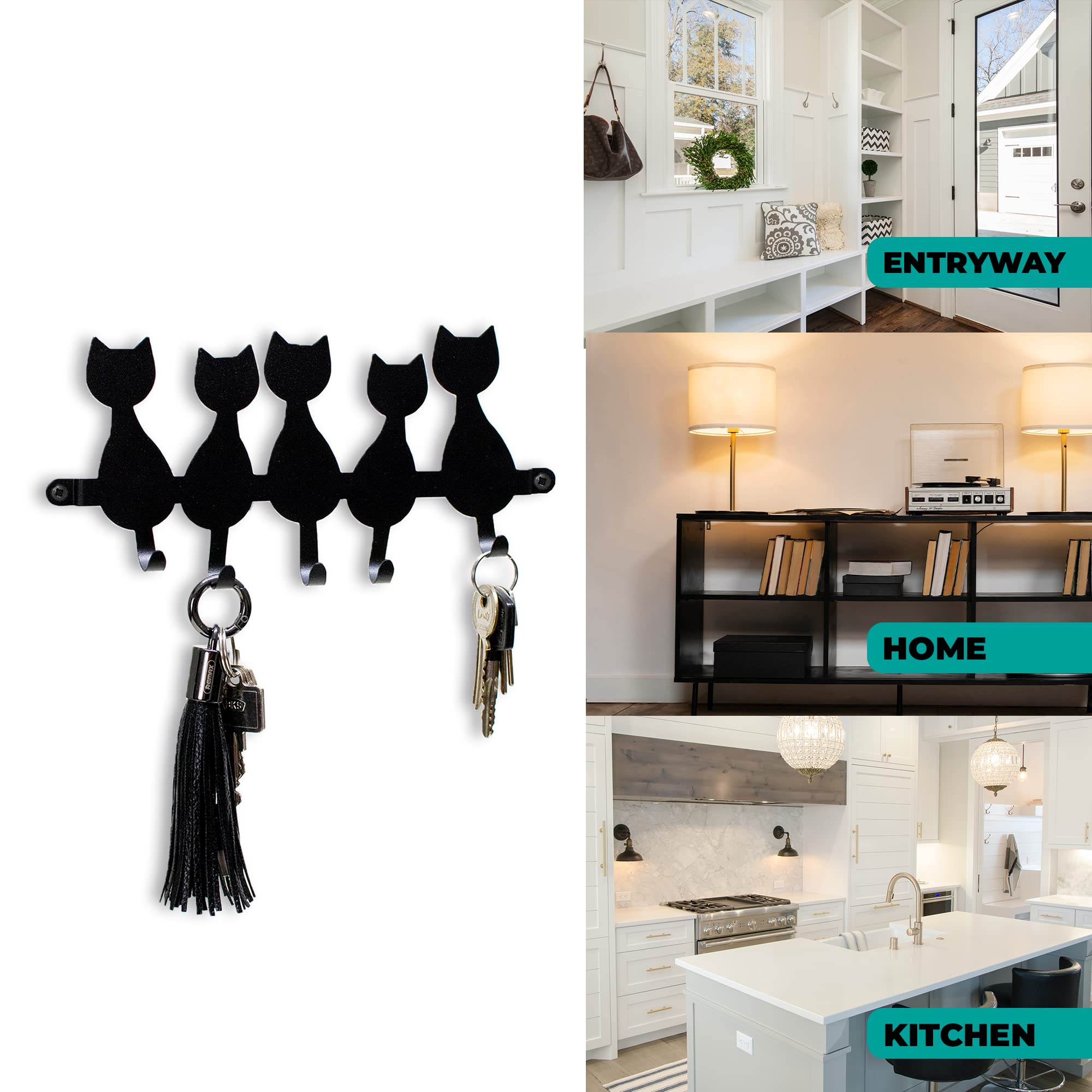 GEGUTON Wall Key Holder - Steel Hooks Holders Organizer for Keys, Decoration and Functional Items for Home, Birthday Gifts (Cats Theme)