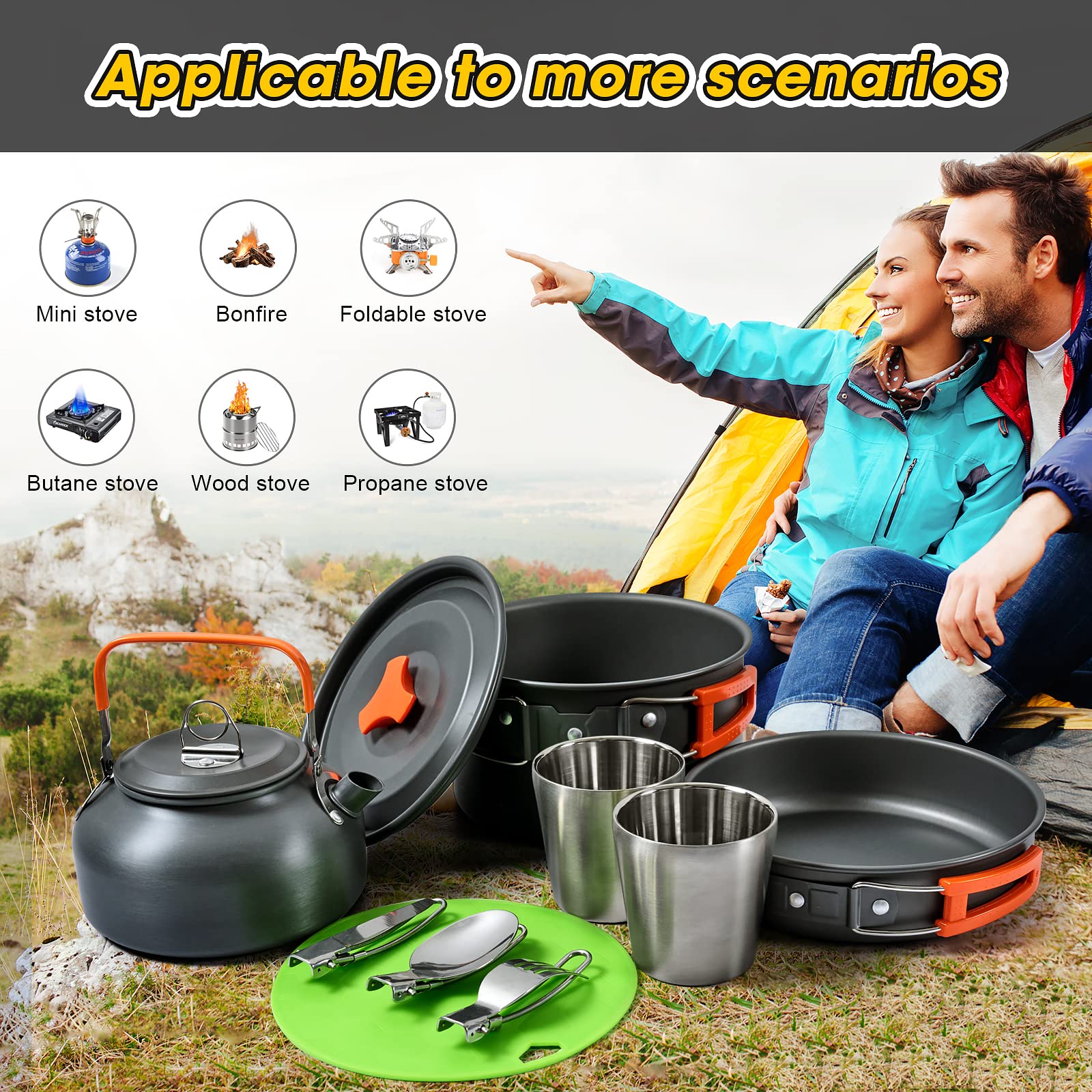 Camping Cooking Set,16PCS Camping Utensils Cooking Set, Camping Mess Kit with Camping Pots and Pans Set, Stainless Steel Cups Plates Forks Knives Spoons Camping Essentials for Tenting
