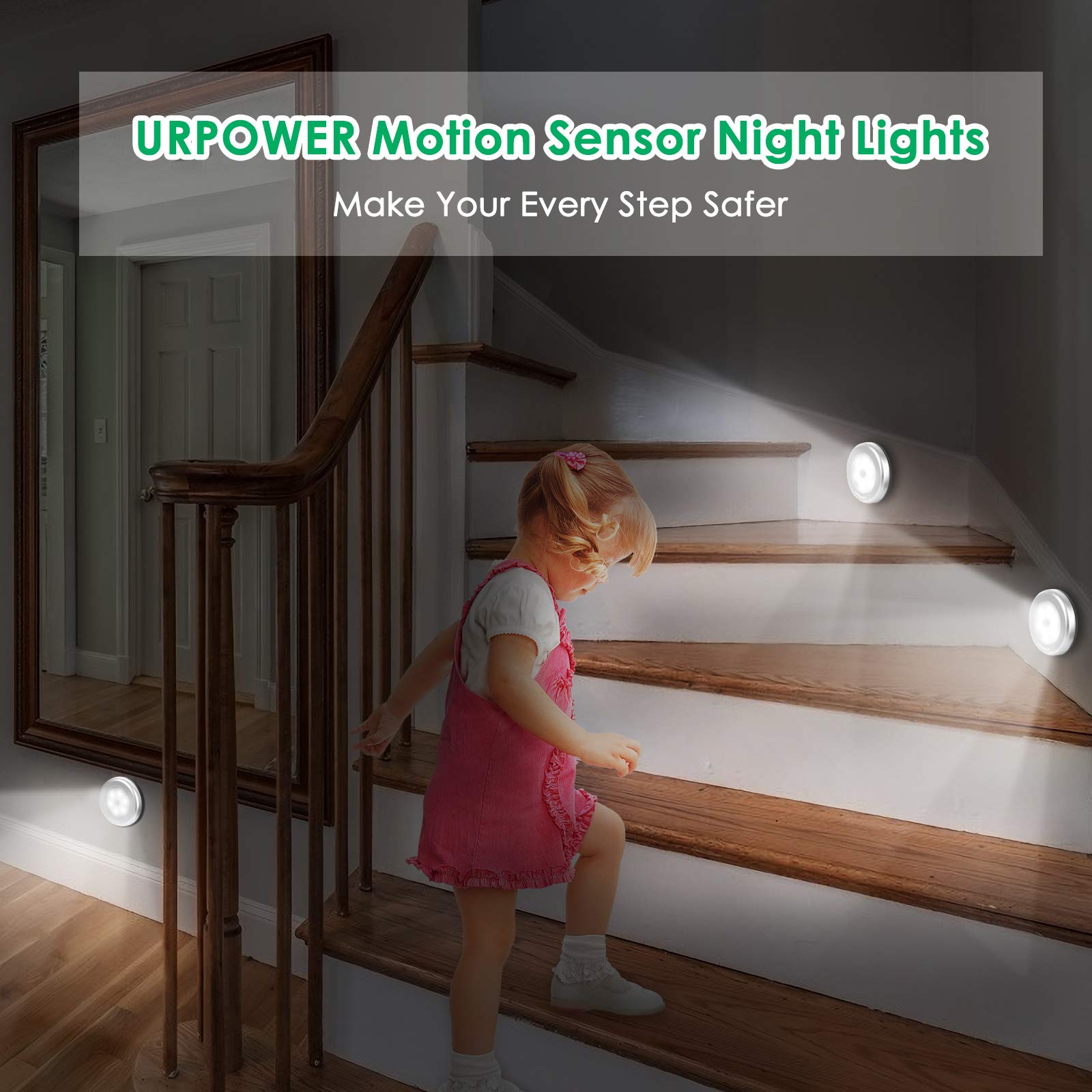 URPOWER Motion Sensor Closet Light, Motion-sensing Battery Powered LED Stick-Anywhere Nightlight,Wall Light for Entrance,Hallway,Basement,Garage,Bathroom,Cabinet,Closet