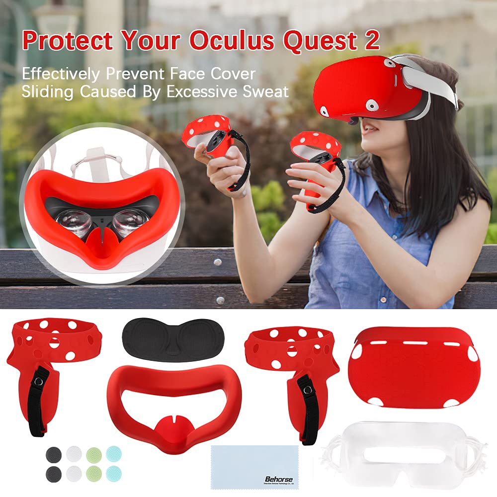 BestMal Touch Controller Grip Cover for Oculus Quest 2 with VR Silicone Face Cover, VR Shell Cover, Quest 2 Lens Cover, Thumb Button Cap, VR Disposable Mask and Cleaning Cloth (Red)