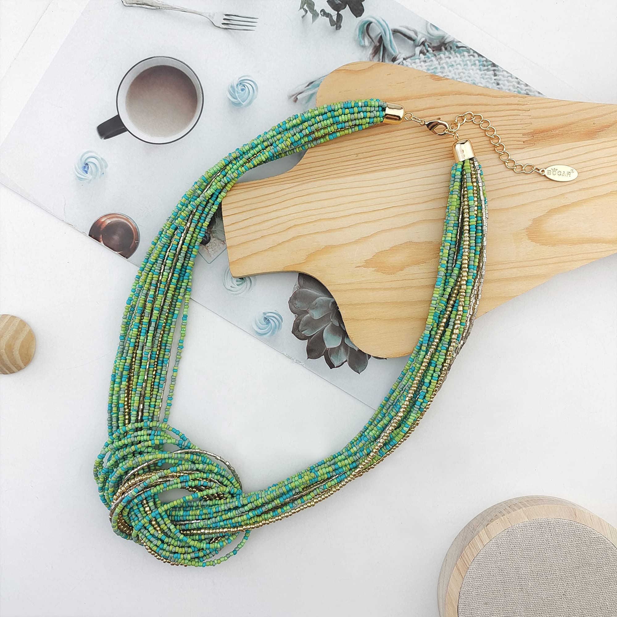 Bocar Greenery Seed Beads Multilayer Chunky Bib Statement Knot Necklace (NK-10316-Greenery)