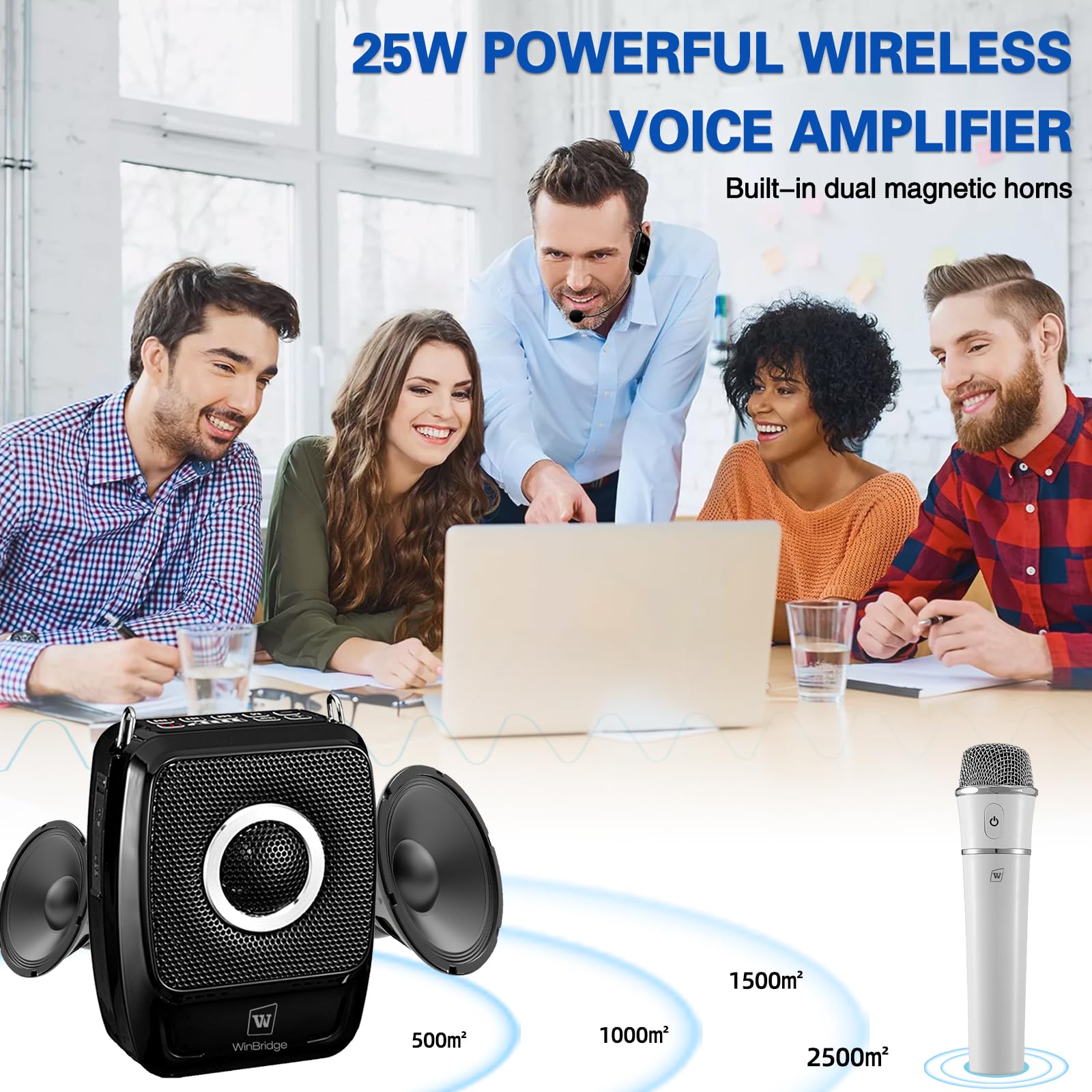 Bluetooth Voice Amplifier Personal Portable Pa System, 25W Megaphone Speaker with 2 Wireless Mics, Voice Amplifier with Wireless Microphone System for Teachers Teaching Singing Outdoor Indoor ect