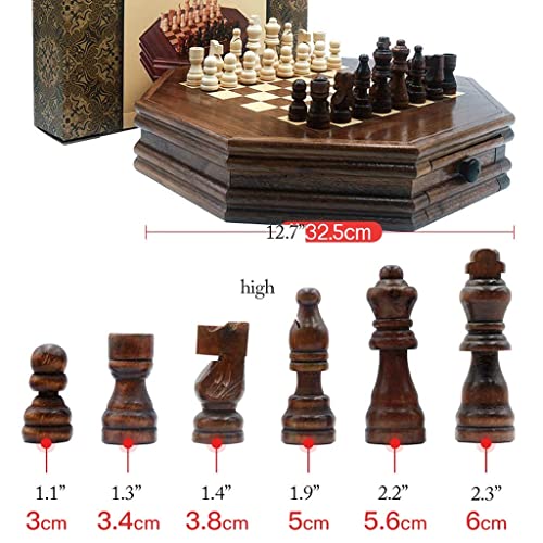 Chess Game 12.7x12. 7in Octagonal Wood with Storage Drawers Chess Set for Kids Adult Gifts Gift Package Gift