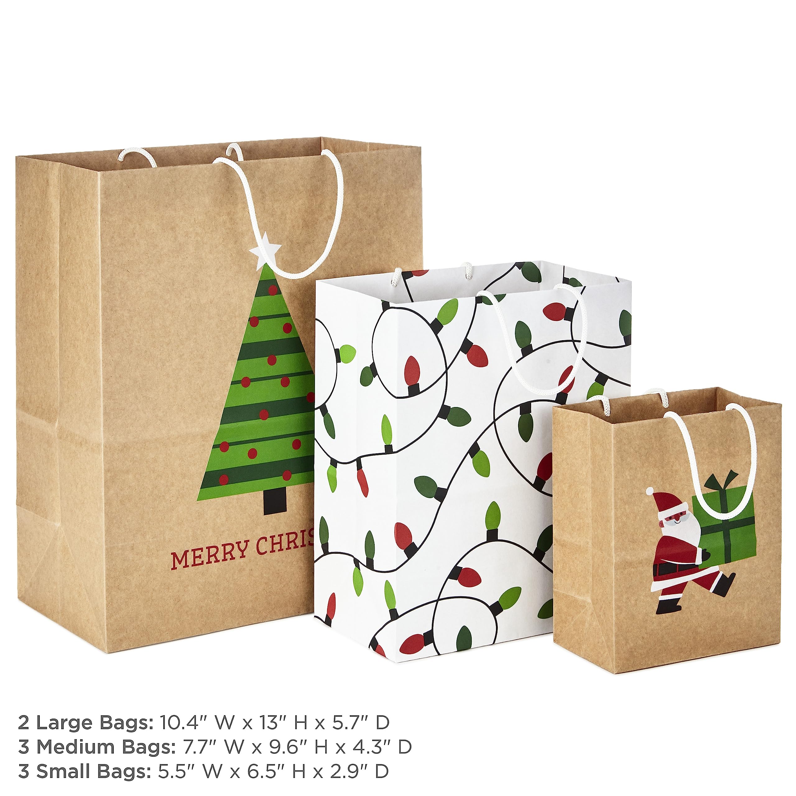 Hallmark Christmas Gift Bags for Kids (8 Bags: 3 Small 6", 3 Medium 9", 2 Large 13") Recyclable Kraft with Santa, Lights and Tree