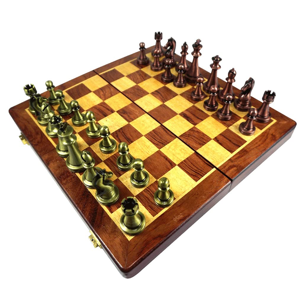 Chess Set Folding Metal Chess Set Chess Set with Storage for Retro Copper Plated Metal Chess Pieces Wooden Board Game Gift