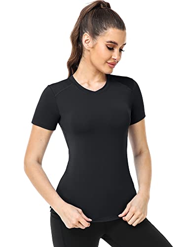 CADMUS Women's Workout Running Shirts Dry Fit Yoga T Shirts Crewneck,3 Pack,2505,Black & Grey & White,Large