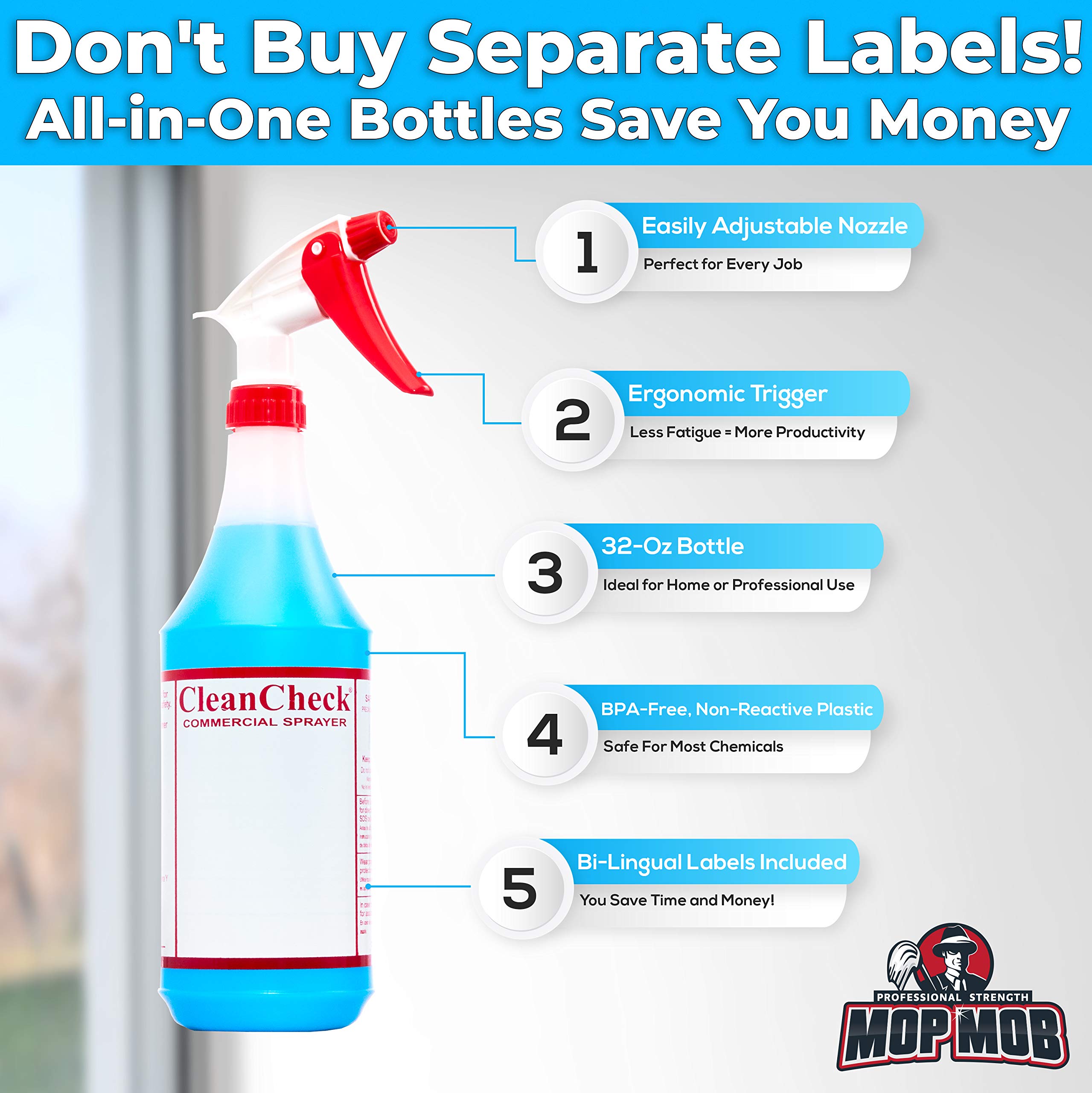 Extra Safe, Bilingual MSDS Spray Bottles 3 Pack. Large, Empty 32 Oz Bottle Perfect for Professional Cleaning Solutions, Sanitizers or Household Cleaners. Best Heavy Duty Plastic Bottle With Data Sheet