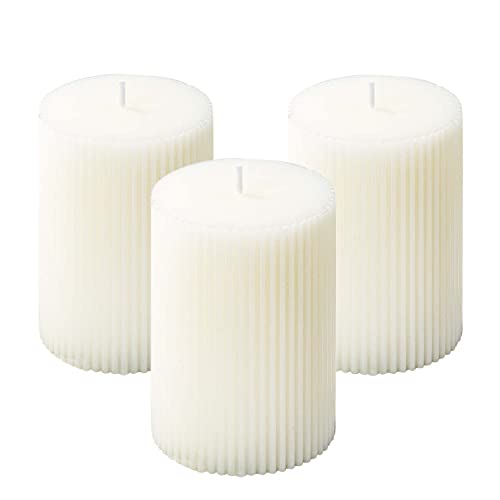 Ribbed Pillar Candles 3x4'' Unscented Modern Home Décor Handmade (3 Packs, White)