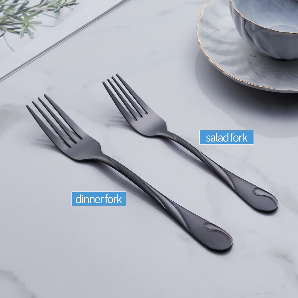 Black Dinner Fork Set, Seeshine 7.8-inch Stainless Steel Shiny Black Metal Table Fork Silverware, Set of 6