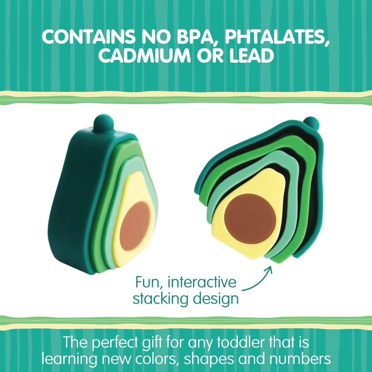 Chewbeads Avocado Baby Stacking Toy - 100% Silicone Stacking Toy for Babies 6-12 Months to Develop Fine Motor Skills - Fun, Colorful Avocado Baby Toy - Dishwasher Safe, BPA & Phthalate Free