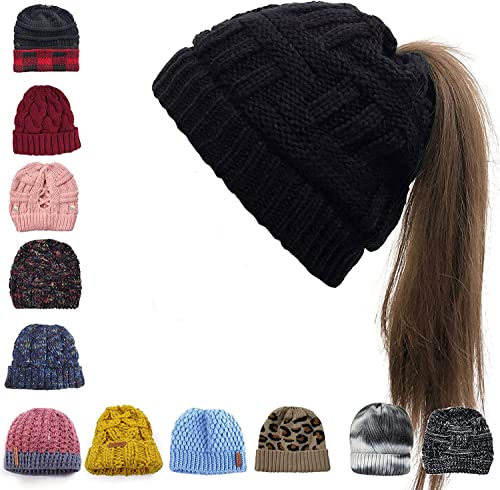 Bocianelli Womens High Messy Bun Beanie Hat with Ponytail Hole, Winter Warm Trendy Knit Ski Skull Cap Classic-Black