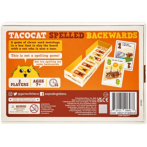 Tacocat Spelled Backwards by Exploding Kittens - 2 Players - Ages 7+ - 15 Minutes to Play - Clever Family Board Game - Couples Game, Family Game Night, Kid and Adult Board Game