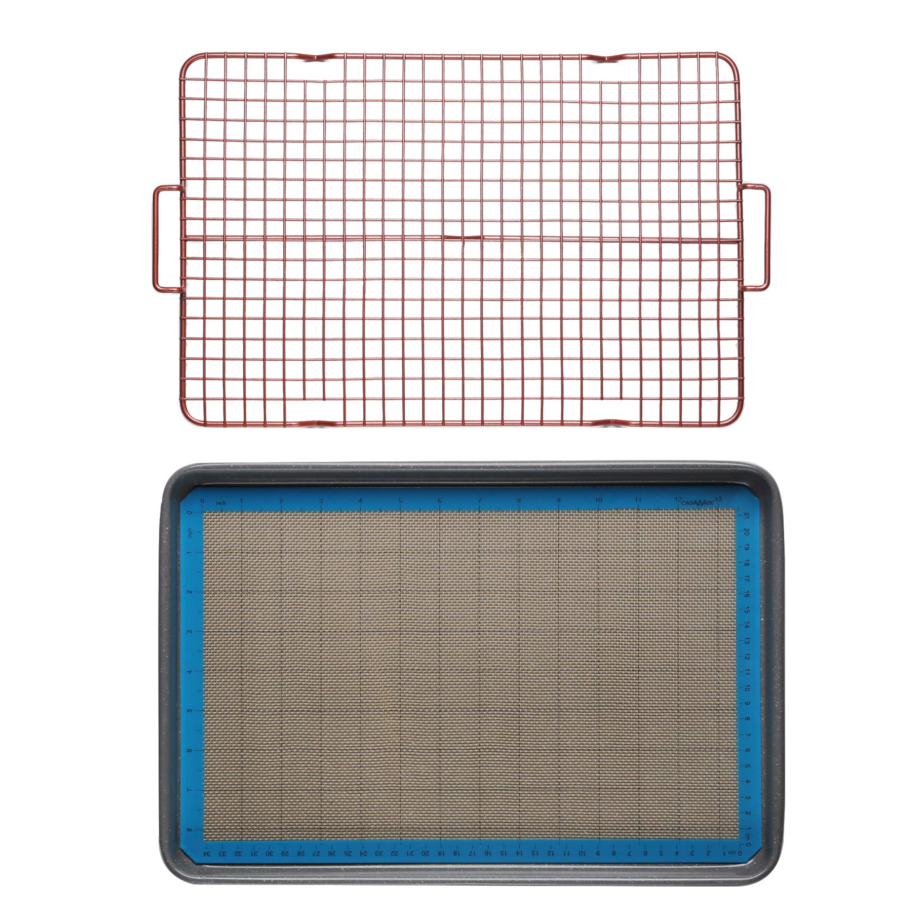 CasaWare 3pc Ultimate Commercial Weight 15 x 10 x 1-inch Cookie Sheet/Cooling Grid/Silicone Mat Bakeware Set (Silver Granite)