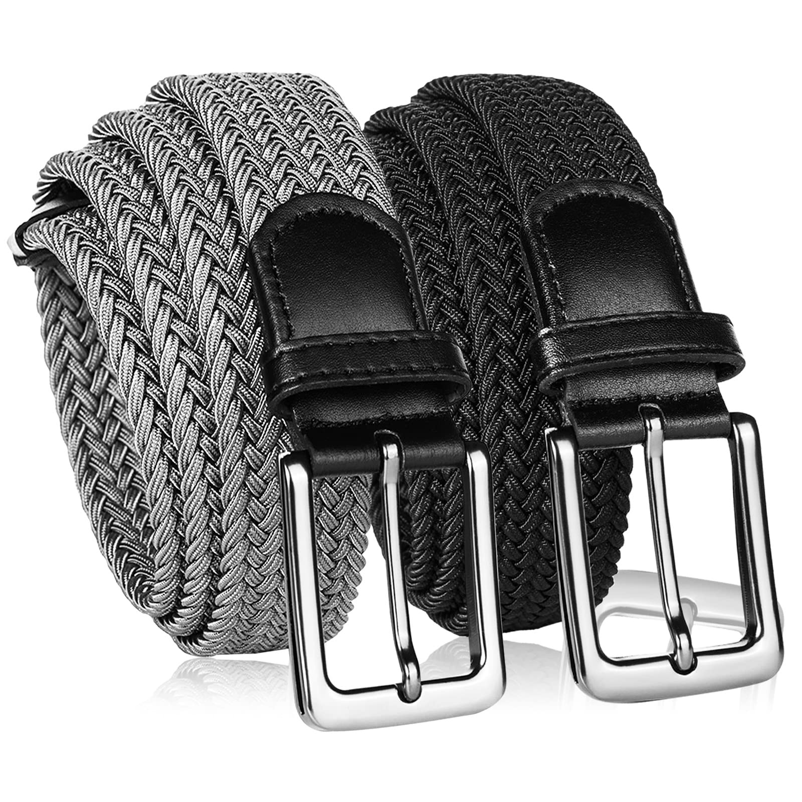 BRAMASOLE Mens Belts Casual Nylon Tactical 2 Pack Adjustable Stretch Braided Web Elastic Fabric Belt Outdoor Golf for Men Pants Jeans (Black/Grey, 32"-34" Waist Adjustable
