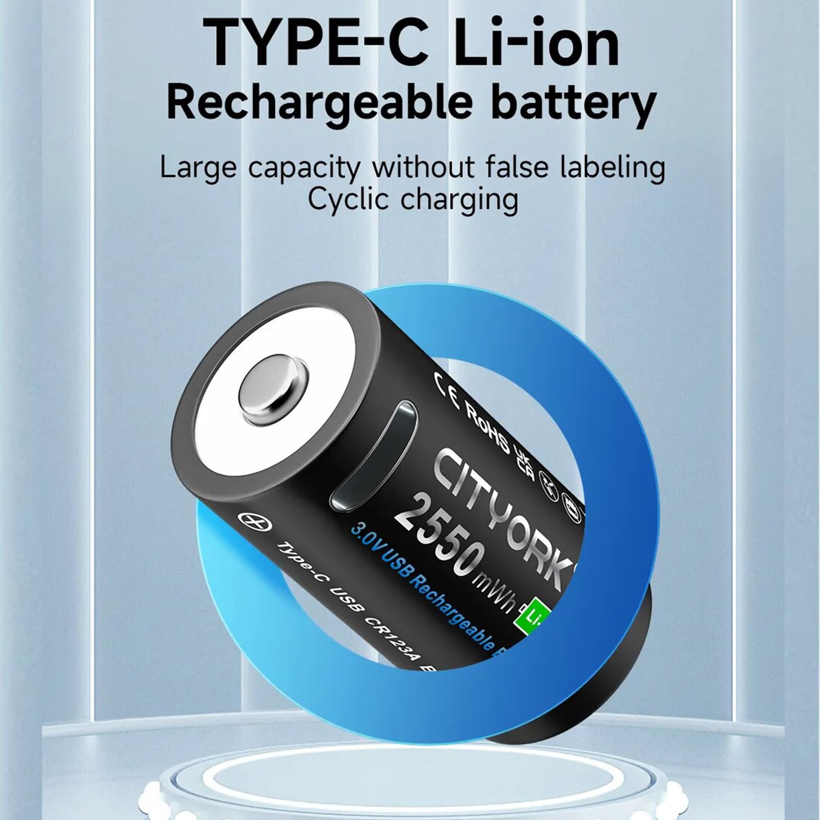 CITYORK CR123A 2550mWh Lithium Battery 6 Pack, 2550mWh CR-123A Lithium Battery for High Intensity Flashlight, Home Safety, Security Devices with 4 in 1 USB-C Cable(Not D Size Battery)