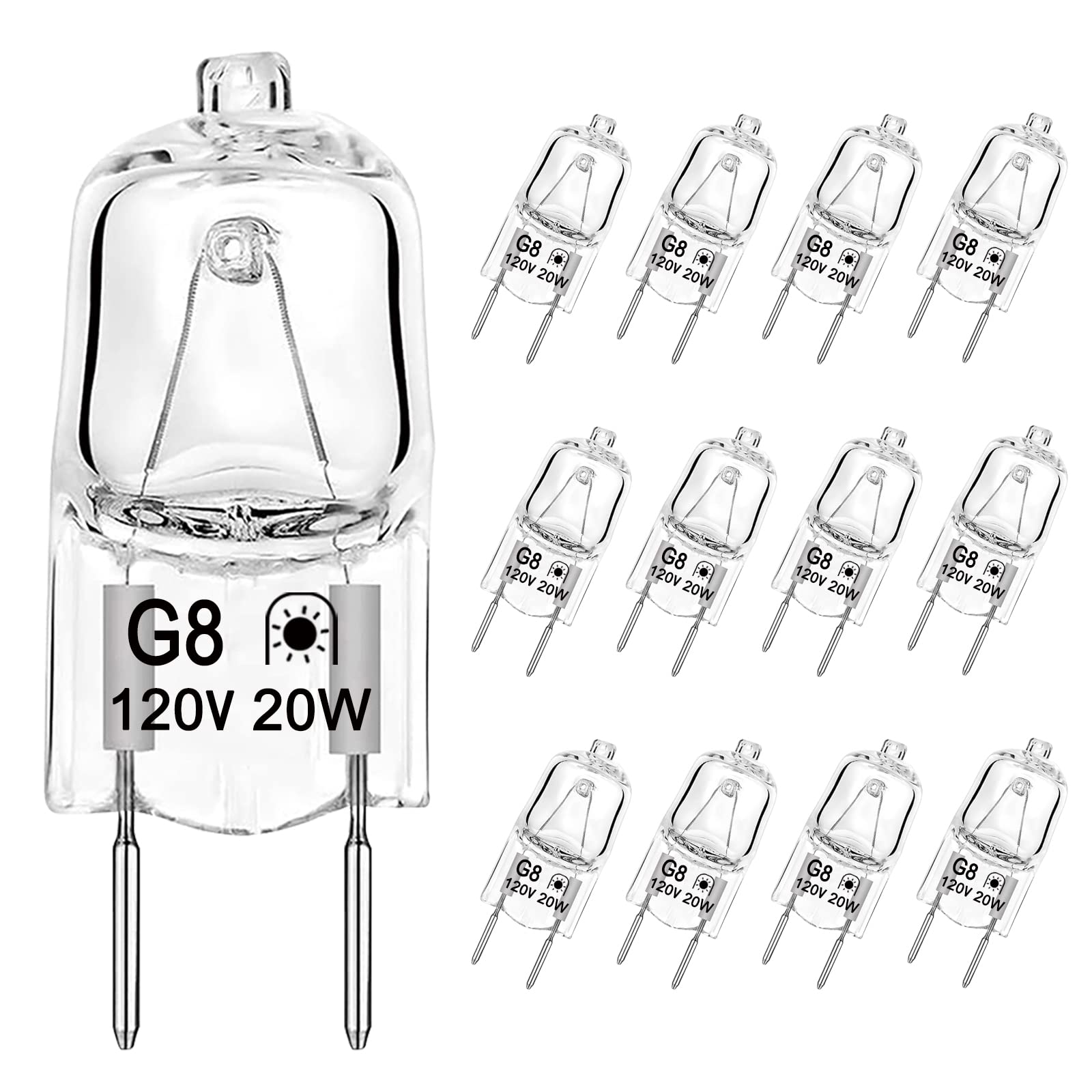 VITUNOV G8 Halogen Bulb 120V 20W Xenon Under Cabinet Lighting Replacements T4 Type 2 Pin Base Dimmable 2700K Warm White (12 Pack)
