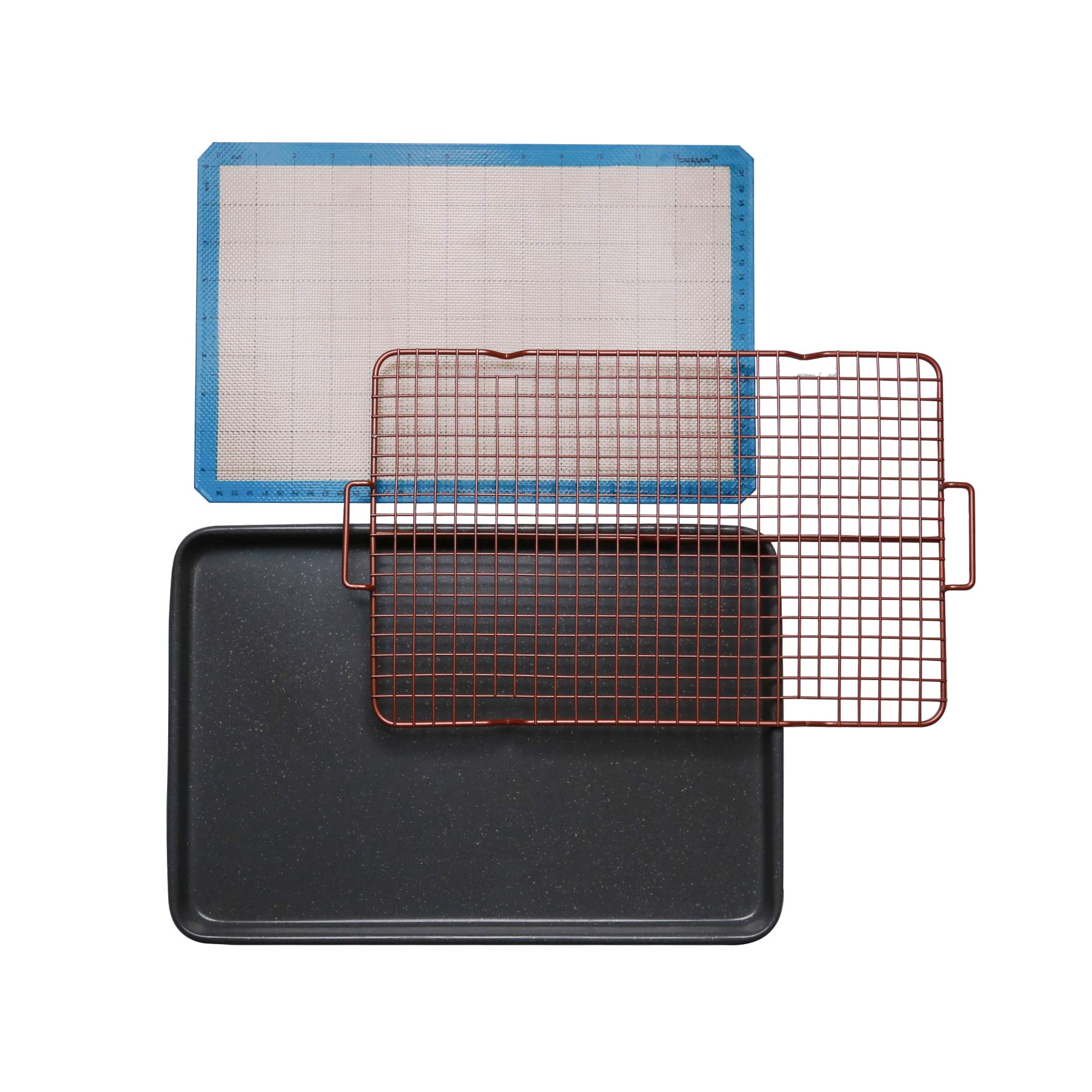 CasaWare 3pc Ultimate Commercial Weight 15 x 10 x 1-inch Cookie Sheet/Cooling Grid/Silicone Mat Bakeware Set (Silver Granite)