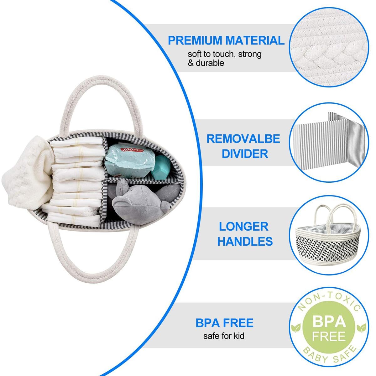 BSMstone Baby Diaper Caddy Organizer Diaper Basket with Divider Portable Car Organizer and Nursery Storage Bin Baby Best Shower Gifts for Newborn (Regular-White+Brown)