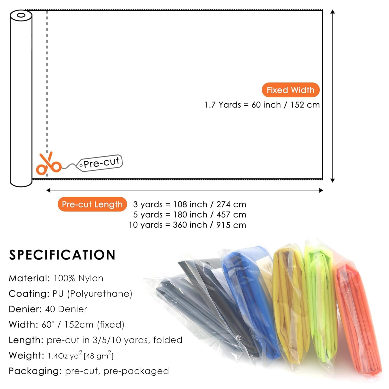 emma kites Black Ripstop Nylon Fabric 40 Denier, Pre-Cut Piece 3-Yard: 60"x108", Water Repellent Windproof Dustproof Airtight PU Coating