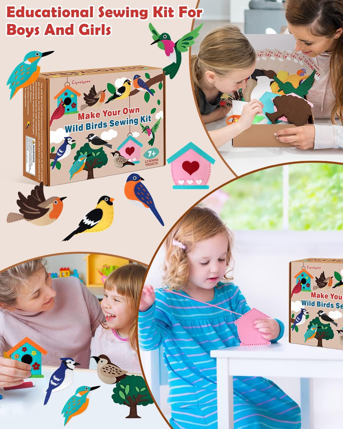 CiyvoLyeen Wild Birds Sewing Craft Kit Animal Sewing Kit for Boys and Girls Beginners Set of 12 Sewing Projects Gift for Kids